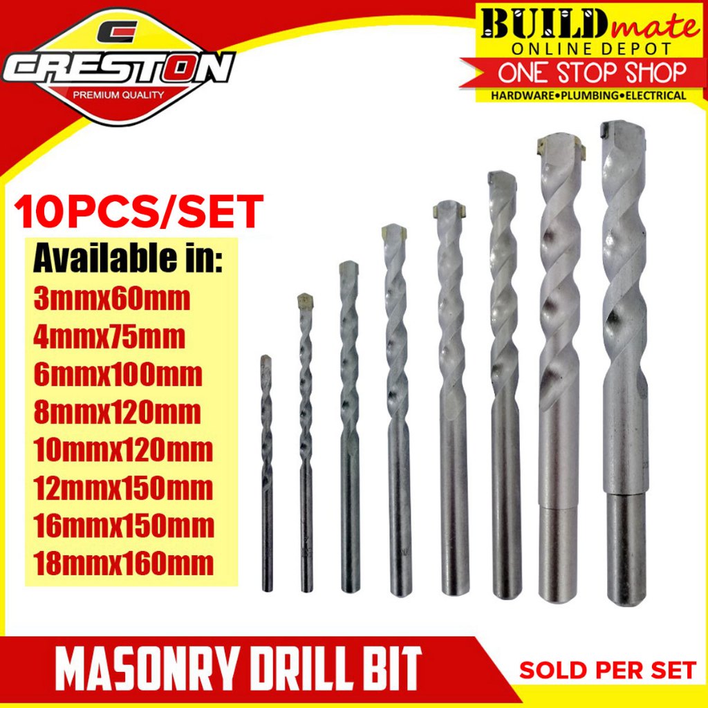 BUILDMATE Creston 10PCS/SET Masonry Drill Bit Concrete Drilling Hand ...