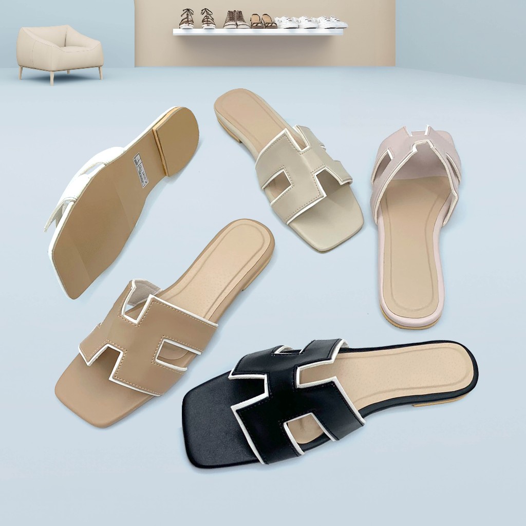 R&A043 Flat Square Toe with Dual Tone H-Shaped Toe Strap Vegan Leather ...