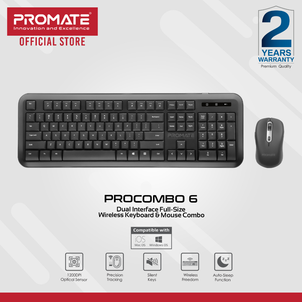 Promate Procombo-6.EN Dual Interface Full Size Wireless Keyboard ...