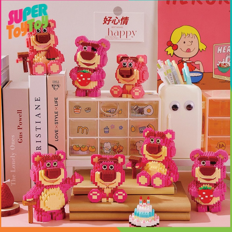 Cute Cartoon Strawberry Bear Mini Building Blocks 3D Model Micro Bricks ...