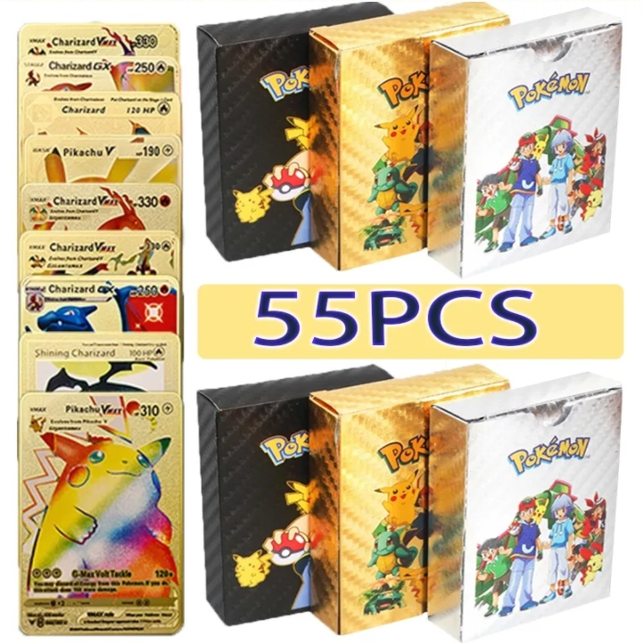 55Pcs/Set TCG Metal Gold Pokemon Cards Cartoon Animation Elf Magic Baby ...