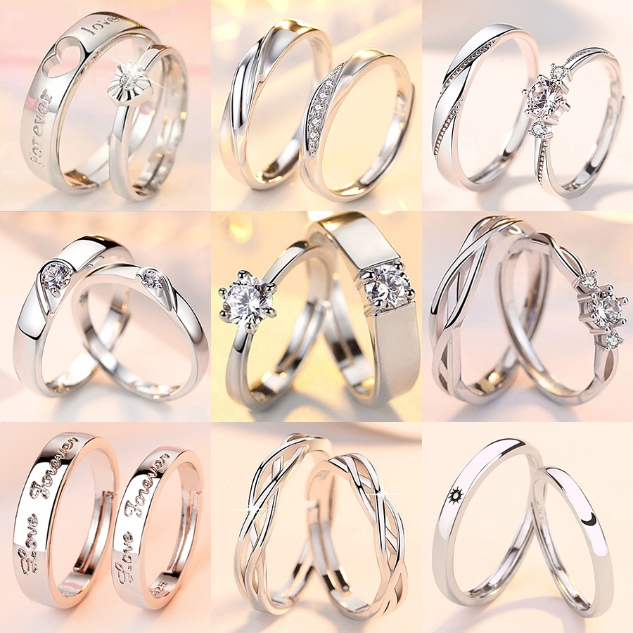 2pcs 925 Silver Couple Ring "Forever Love" Letter Adjustable Diamond ...