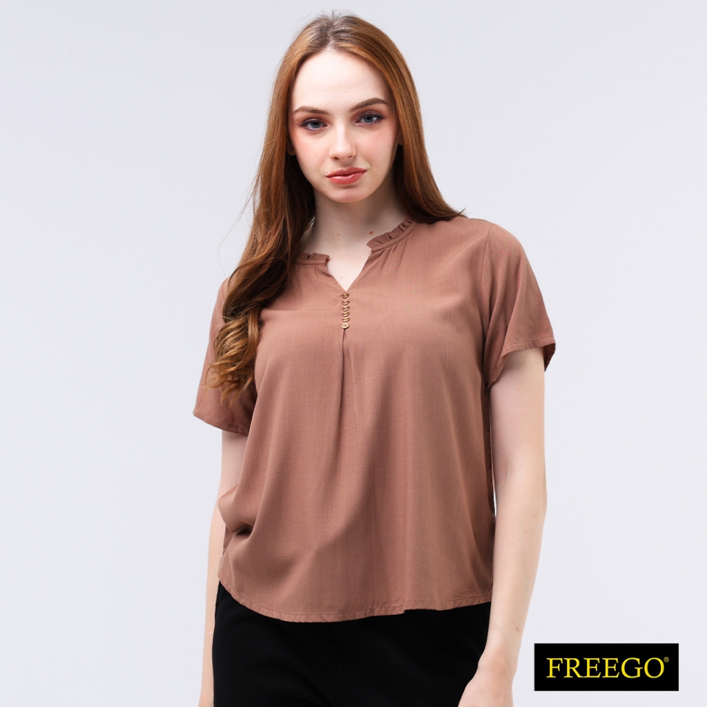 Freego Ladies Woven Plain Soft Linen Short Sleeve Blouse AST04-0195 ...
