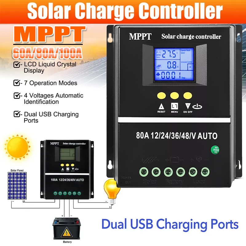 MPPT Solar Battery Charger Controller 100A/ 80A/60A 12V 24V 36V 48V AUTO with LCD Display Dual ...