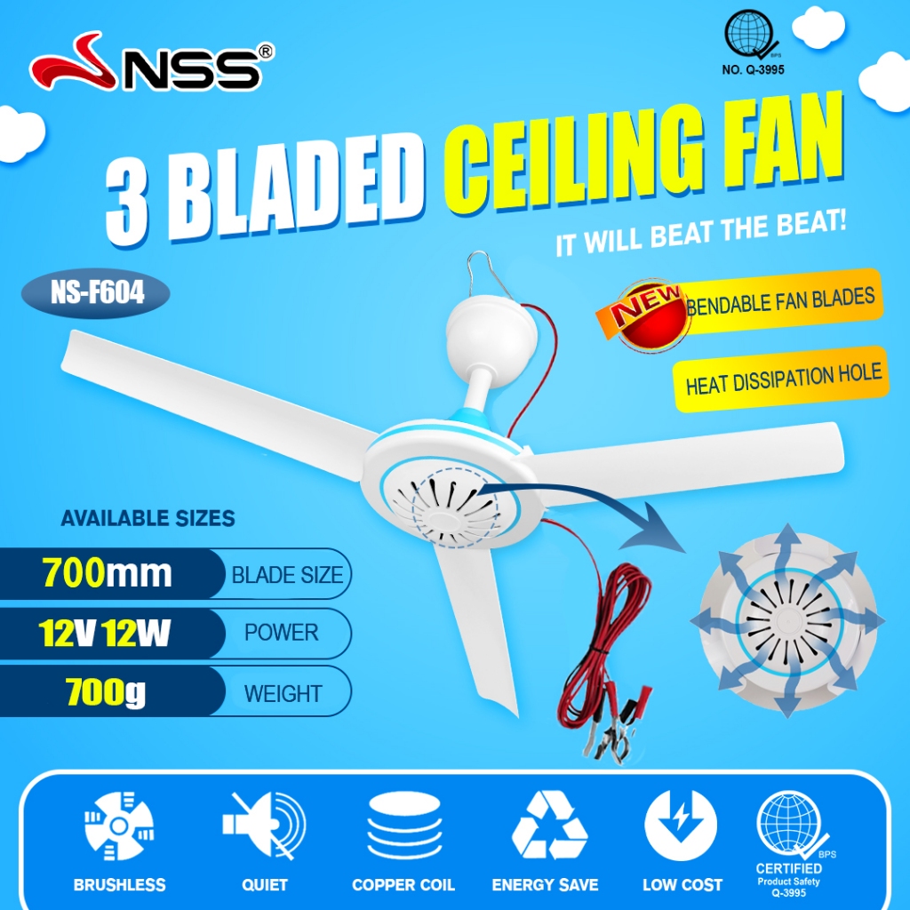 NSS Electric Ceiling Fan 3 Blades 700 mm Portable Hanging Fan 12V 12W ...