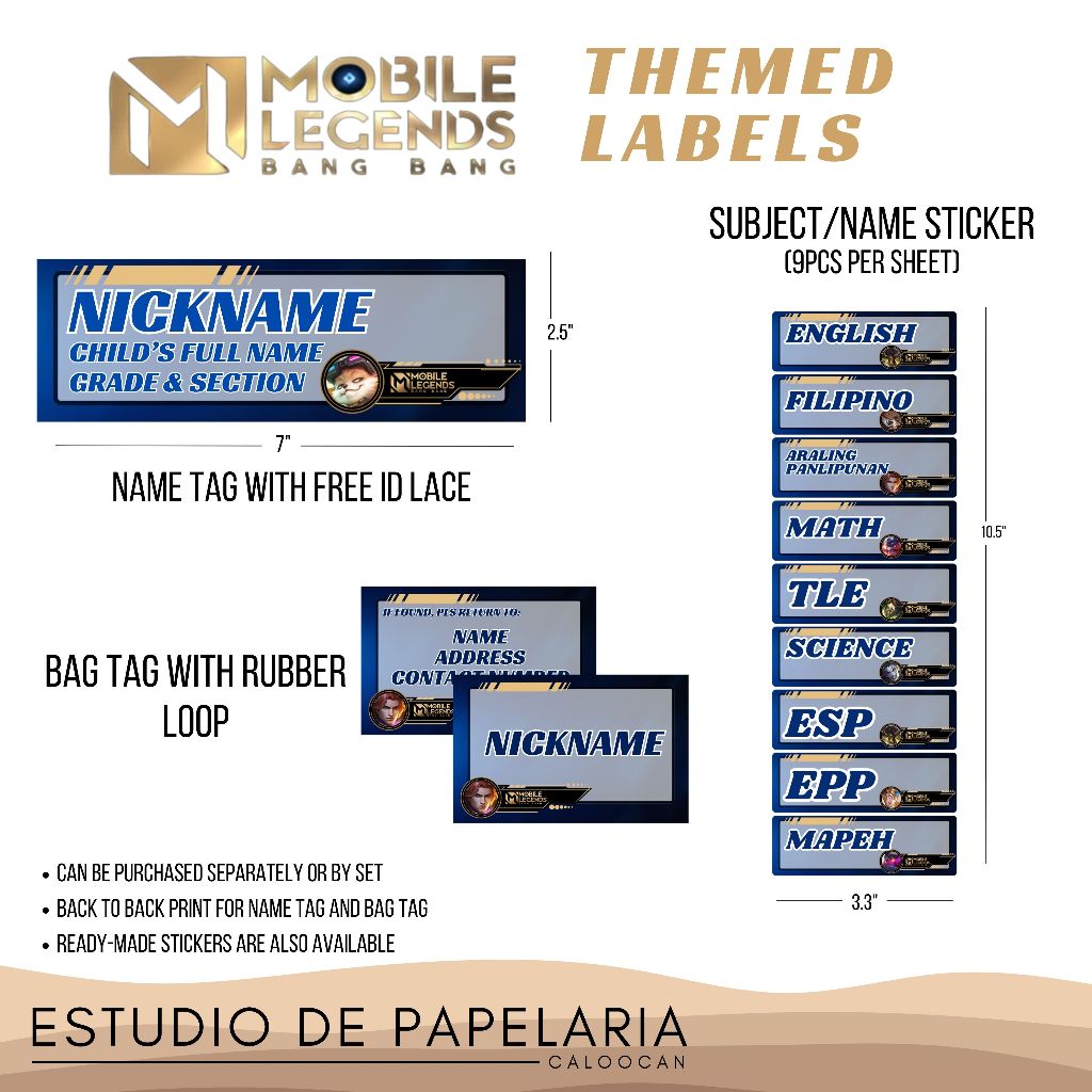 Estudio | Personalized MLBB Inspired Name Tag, label stickers and bag ...