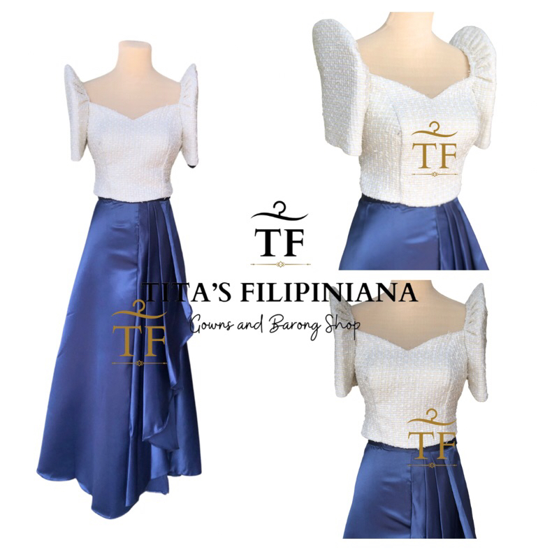 Modern Filipiniana Cream Top with Navy Blue Overlap Skirt | Shopee ...