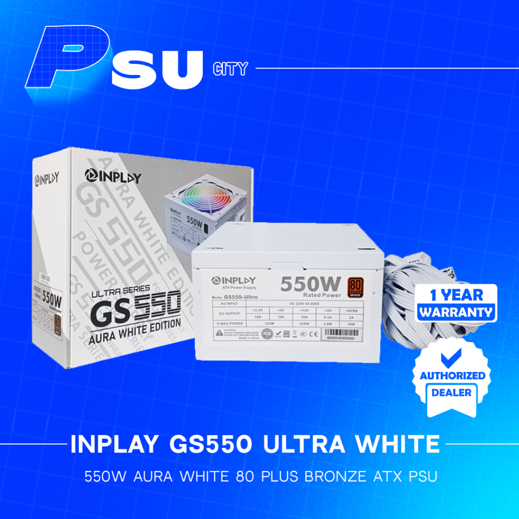 INPLAY GS550 550W Ultra Aura White 80 Plus Bonze Non-Modular ATX PSU ...