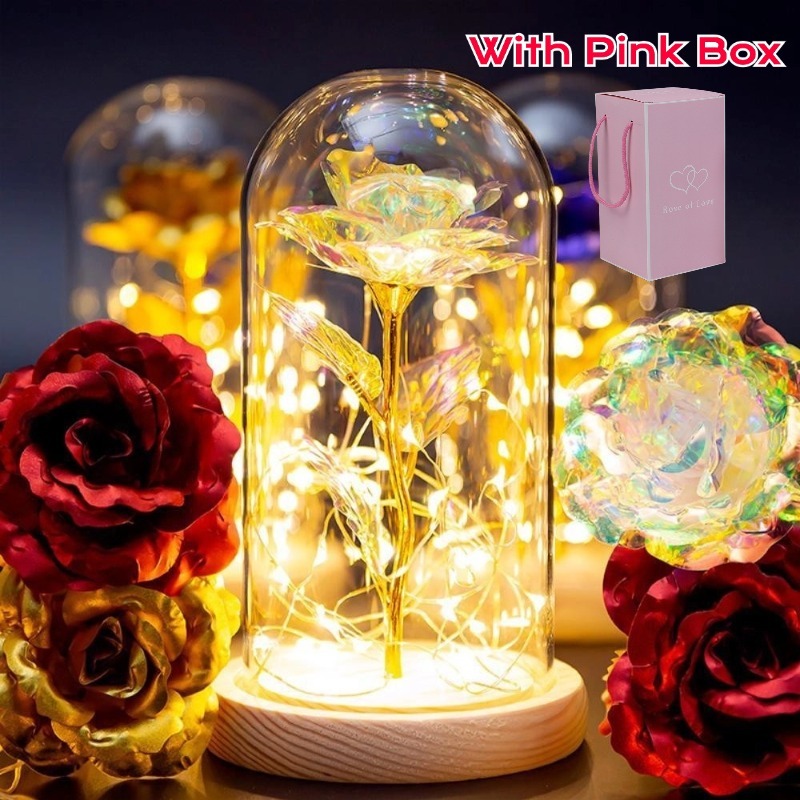 Eternal Rose with Led Light in Glass Dome on Wooden Galaxy Rose gift ...