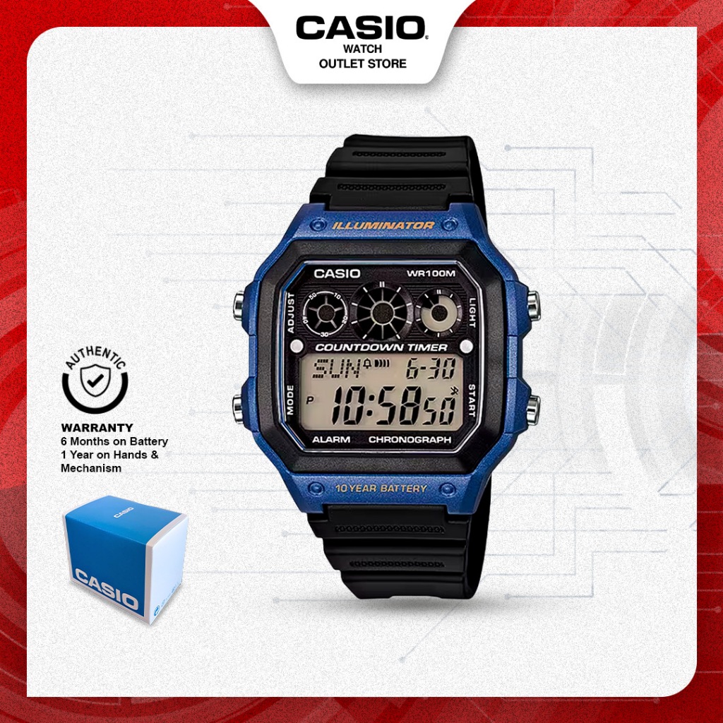 Casio Digital (AE-1300WH-2AVDF) Resin Strap 100 meter w/ Stopwatch ...