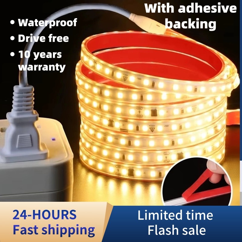 220V LED Strip Light Free Plug Waterproof 120Leds/m With Adhesive Every ...
