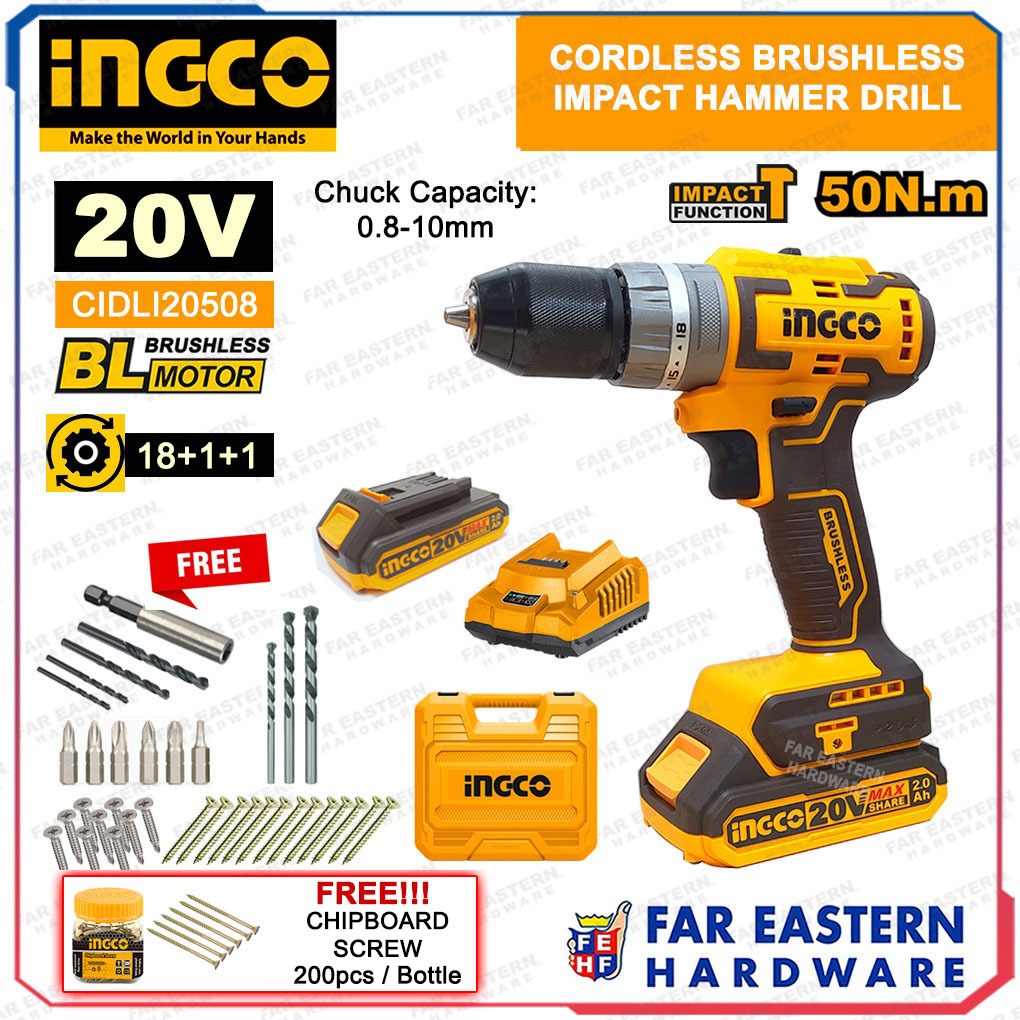 INGCO Cordless Brushless Impact Hammer Drill 10mm 20V w/ Battery ...