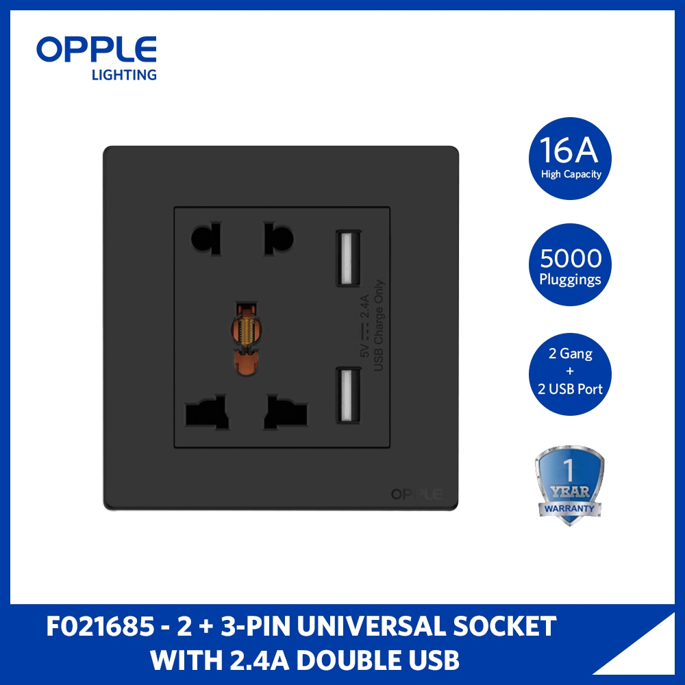 OPPLE 2 Pin + 1 Gang Universal with 2.4A Double USB Port Outlet Set ...