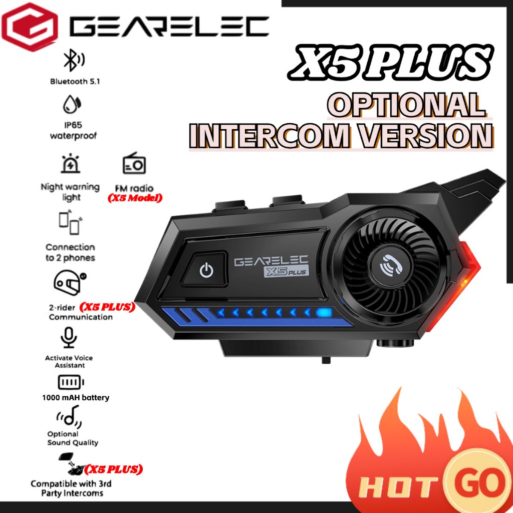 GEARELEC X5 Bluetooth Motorcycle Helmet Headset Optional 500M Intercom ...