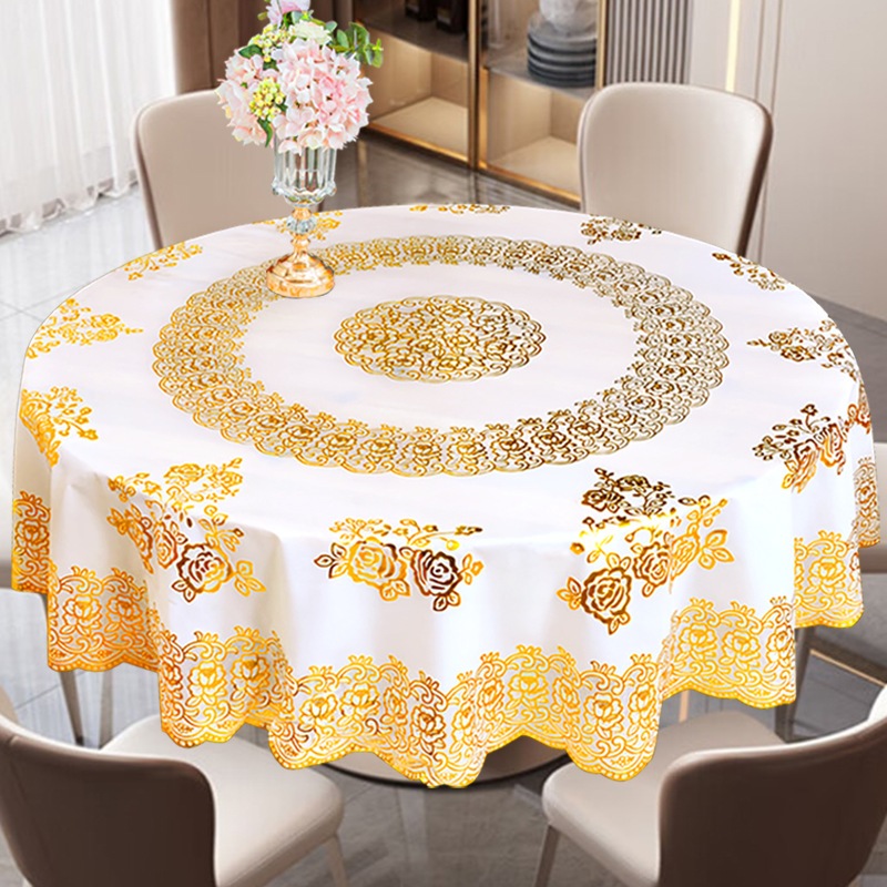 Golden Floral Tablecloth Round Waterproof Oil-Proof Desk Cloth High-end ...