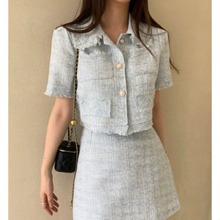 A3323 Miss M Fashion Tweed Button Down Collar Neck Top & Garter Skirt ...