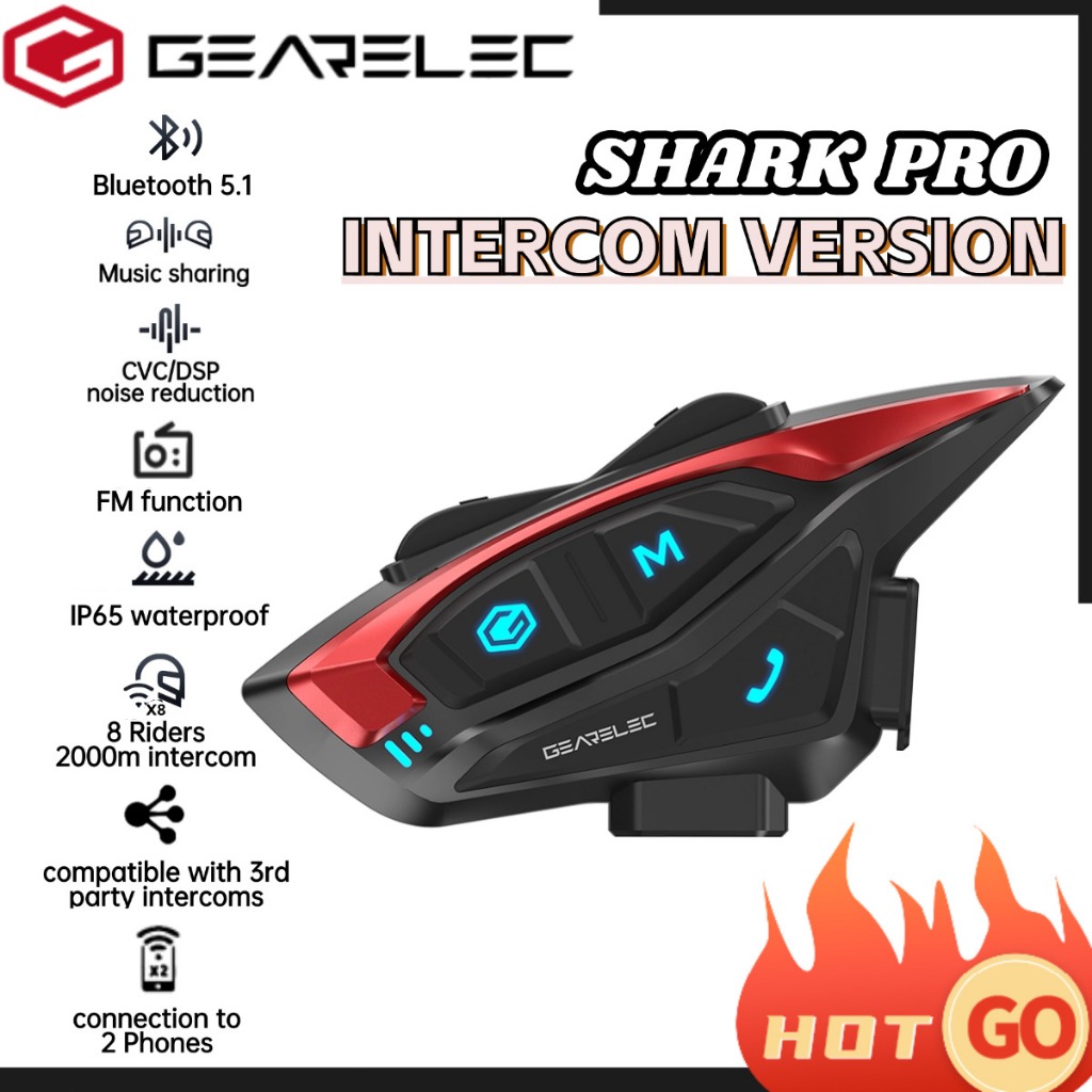 GEARELEC Shark Pro Bluetooth Motorcycle Intercom Headset For 2-8 Rider ...