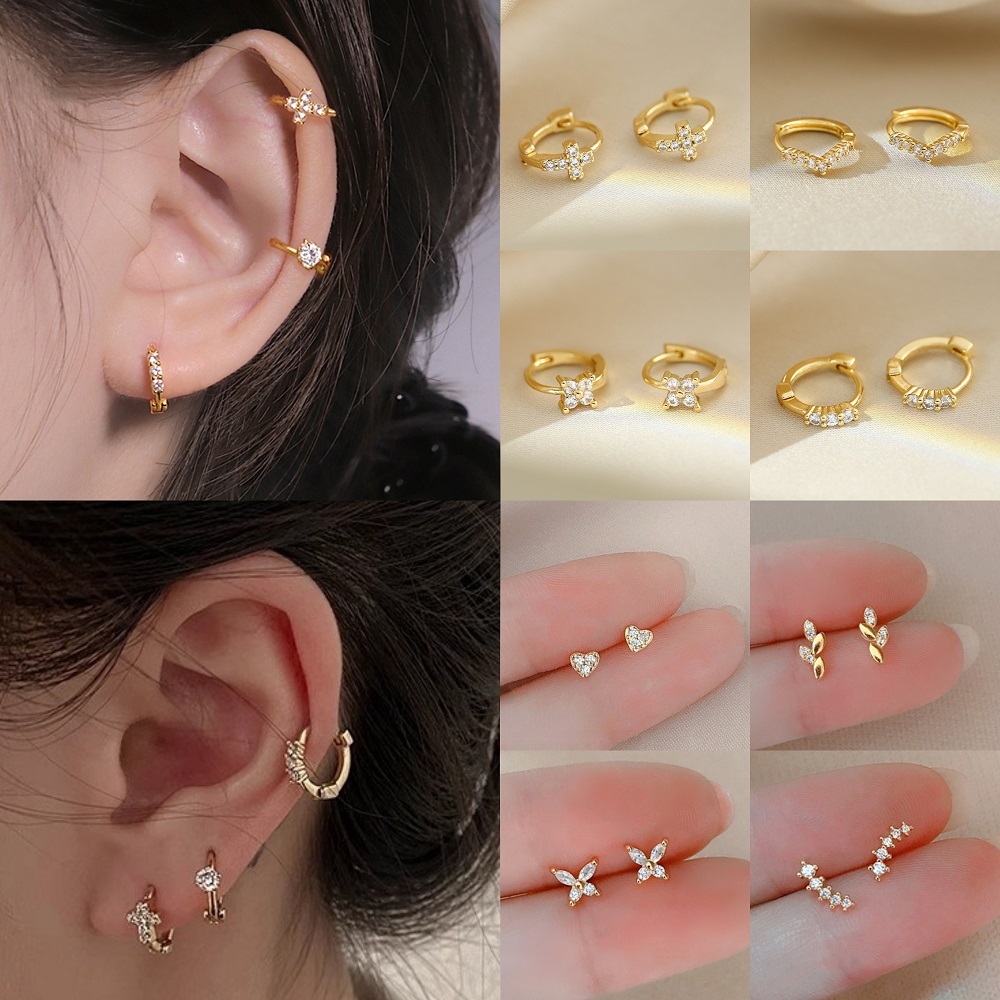 18K Gold Hypoallergenic Plated Zircon Hoop Earrings for Women Stud Earring Accessories Jewelry ...