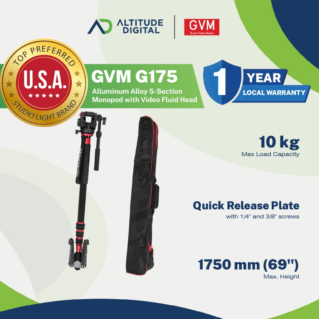 GVM G175 Alluminum Alloy 5-Section Monopod with Video Fluid Head ...