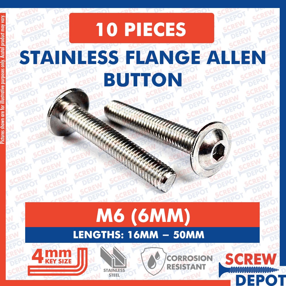 10PCS M6 x 10~50MM Stainless Flanged Allen Washer Face Bolt / Screw ...