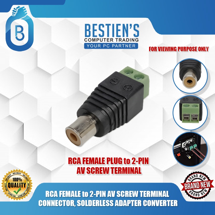 RCA FEMALE to 2-PIN AV SCREW TERMINAL CONNECTOR, SOLDERLESS ADAPTER ...