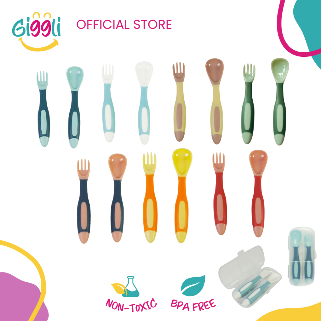 Giggli Kids Bendable Spoon and Fork with Travel Case Self Feeding Spoon ...