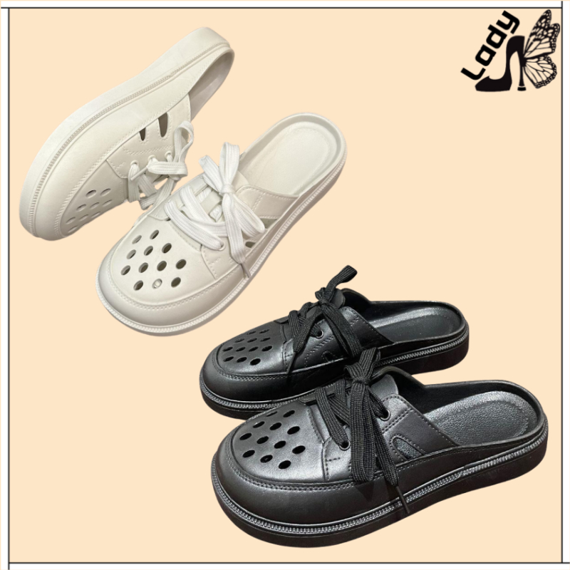 Lady Korean Slip On Mule Trik Sandals Black/White (DAVAO) | Shopee ...
