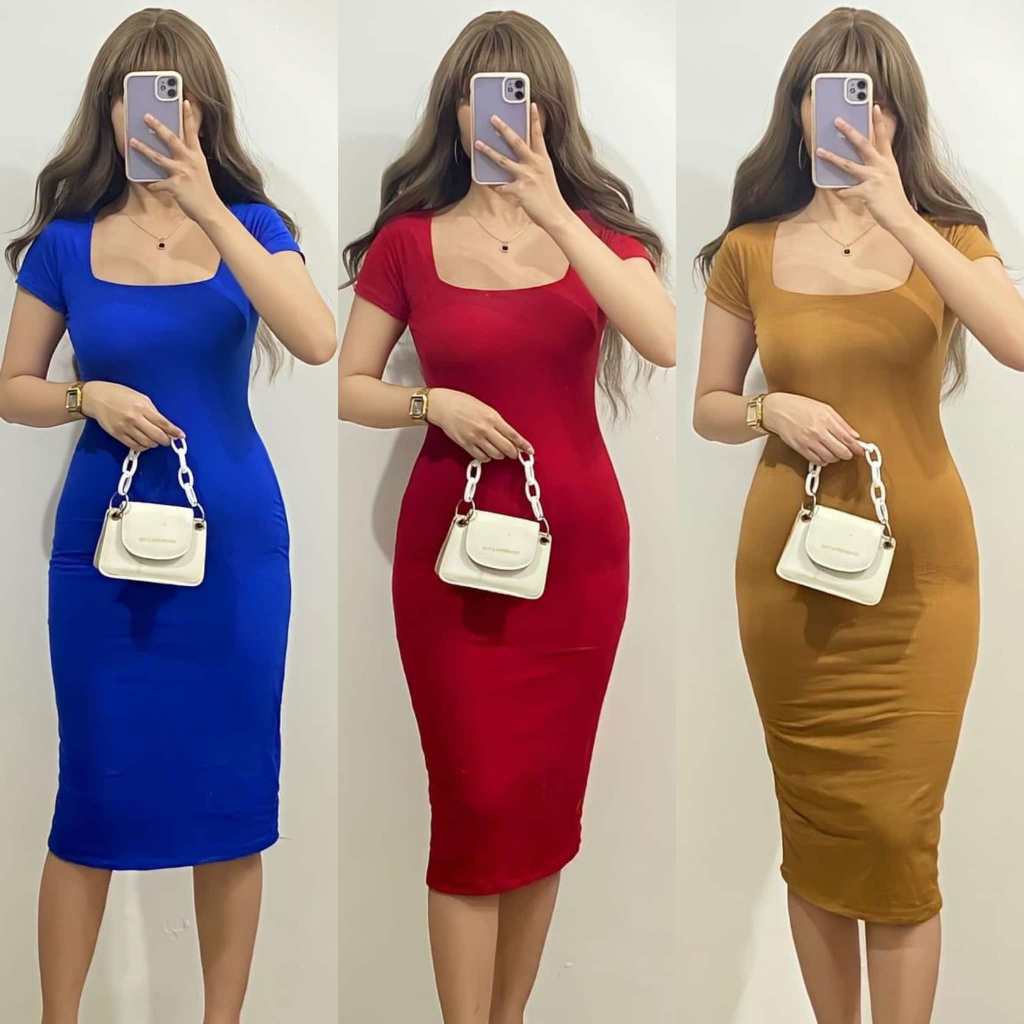 NEW TRENDY DOUBLE LINING SQUARE NECK SEAMLESS BODYCON DRESS FOR WOMEN ...