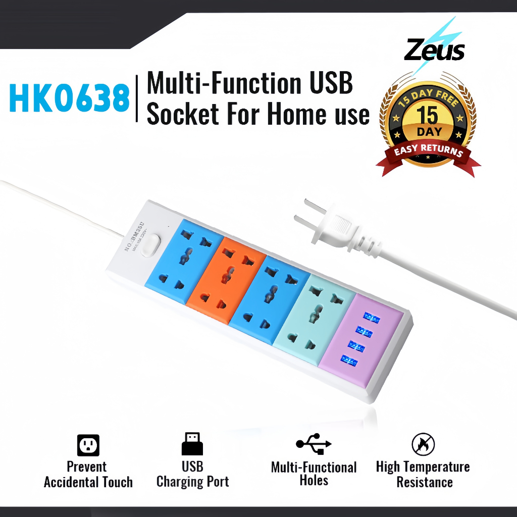 Zeus Extension Cord Long Plug Socket Extension with 4 USB Charging ...