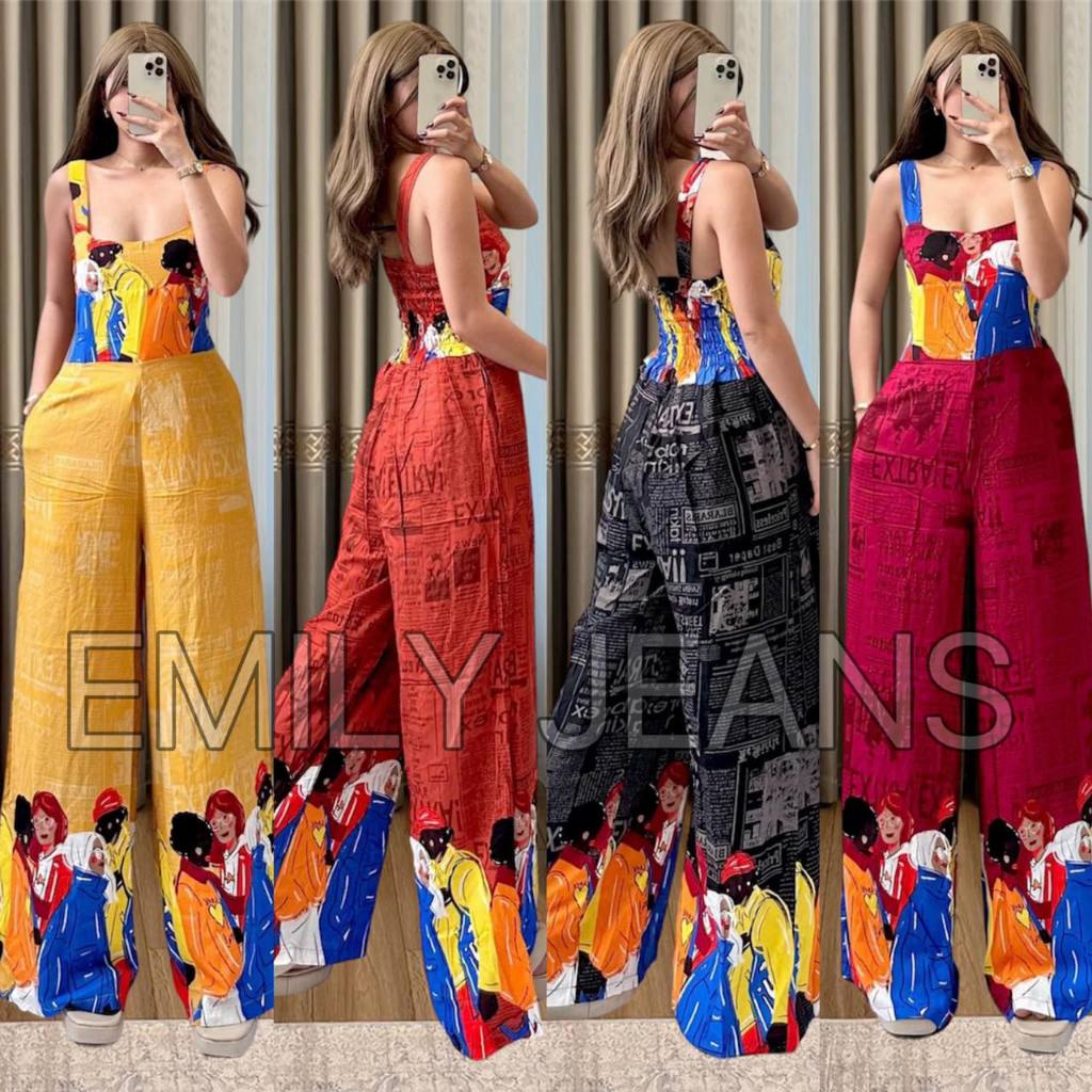 EMILY Challis Sleeveless Smocking Back COMO Printed Jumpsuit Pants New ...