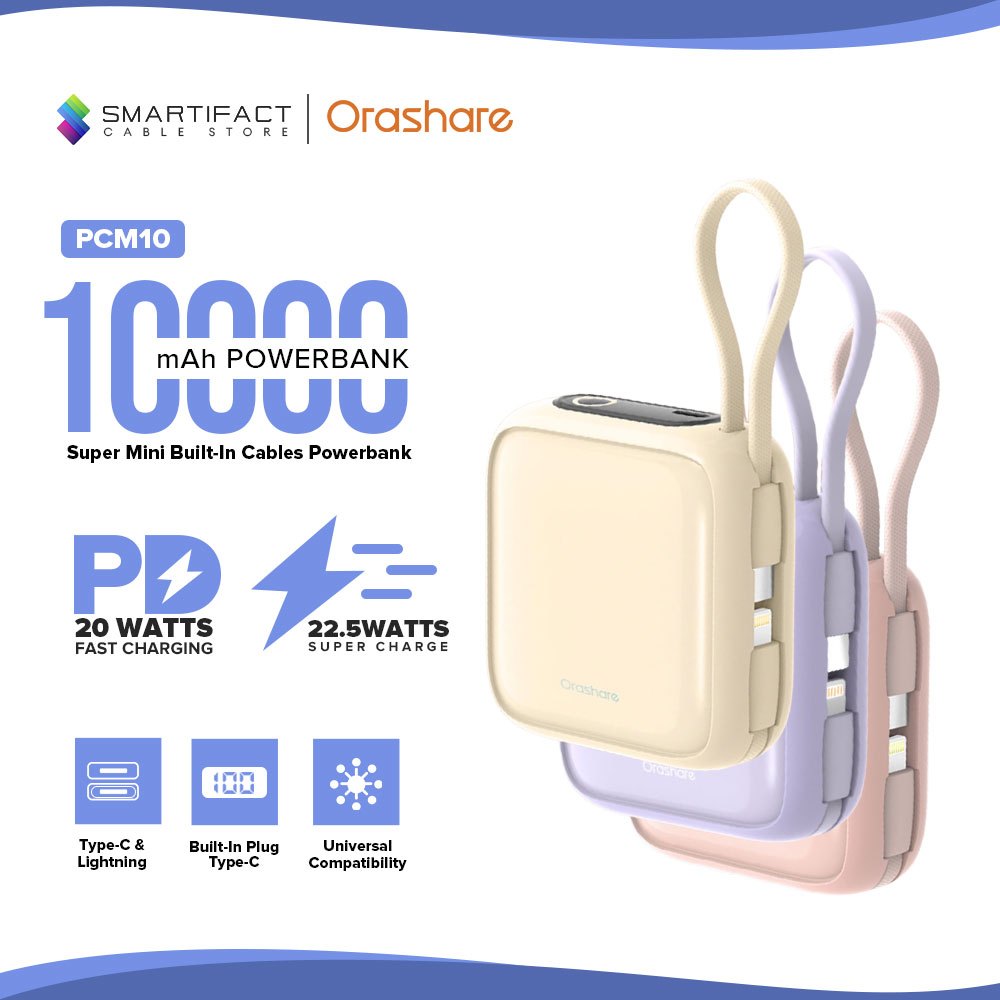 Orashare PCM10 10000mAh Pocket Power Bank Built in 2 Cable 22.5W Super ...