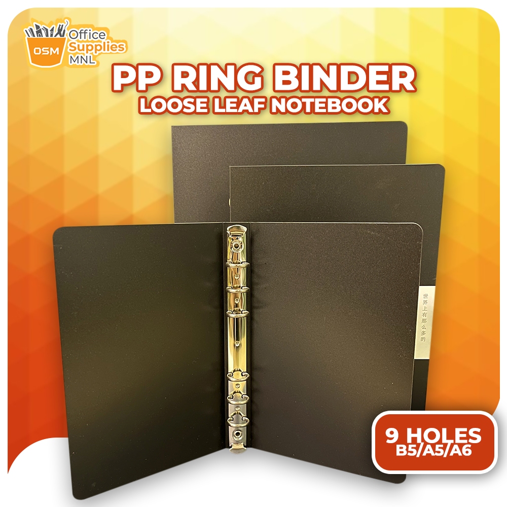 PP Ring Binder Black B5/A5/A6 (9/6Holes) Loose Leaf Notebook Minimalist ...