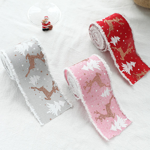 4.5M*6.3Cm Christmas Ribbon Fabric Ribbon Elk Print With Wired Edge For ...