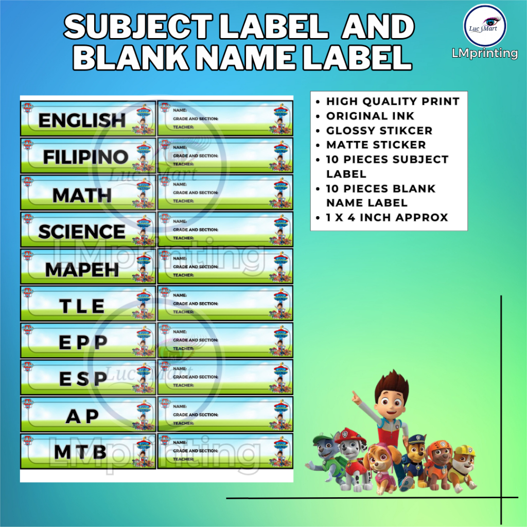 LUCSMART printsNcrafts PAW PATROL subject and Name Label Set with 10 ...