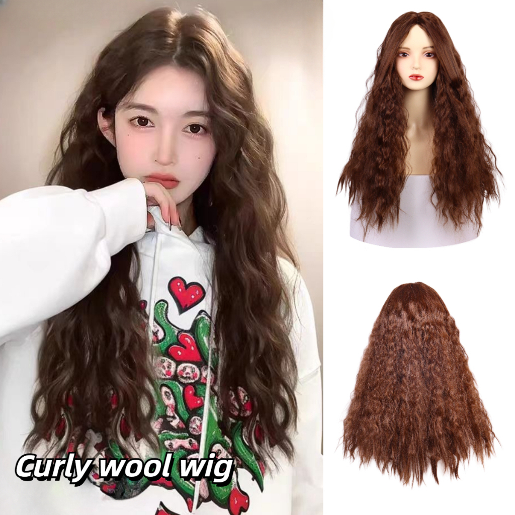 Women's Long Curly Hair Wig Center Part Bangs Wool Roll In Corn Perm ...