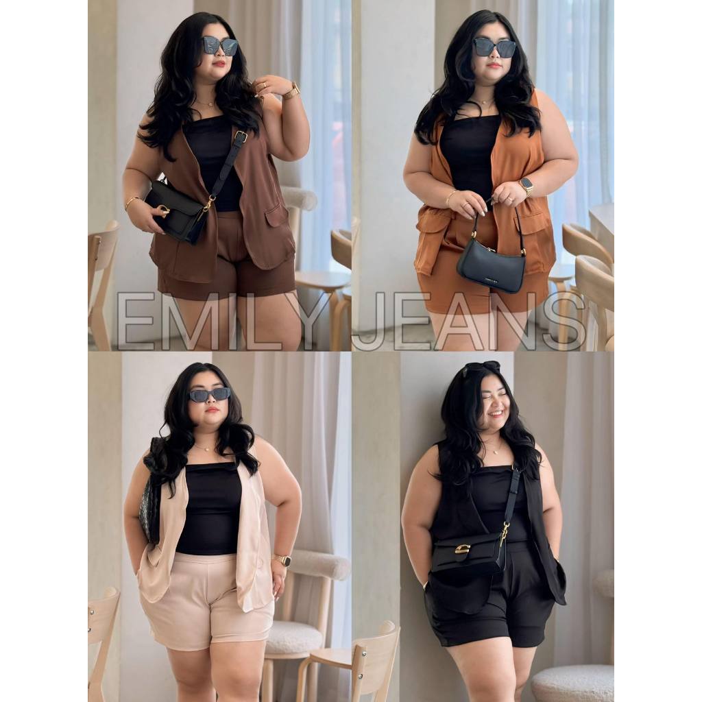 EMILY Vest Terno Short PLUS SIZE Coordinates Fit 2XL-5XL Peach Twill ...