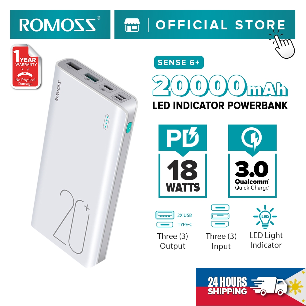 Romoss Sense 6+ 20000mAh 18W Powerbank Fast Charging Li-ion Battery ...