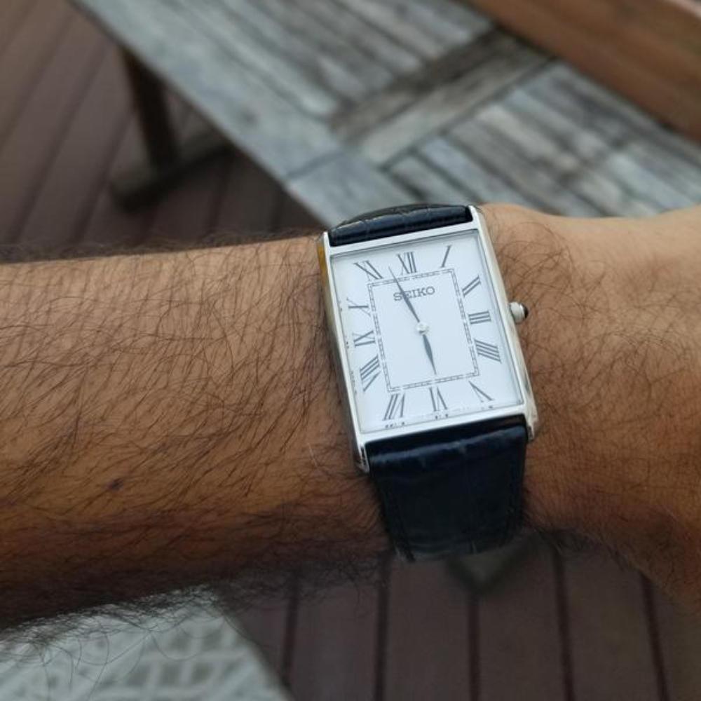 Seiko Neo Classic SWR Quartz Rectangle White Dial Black Leather Strap ...