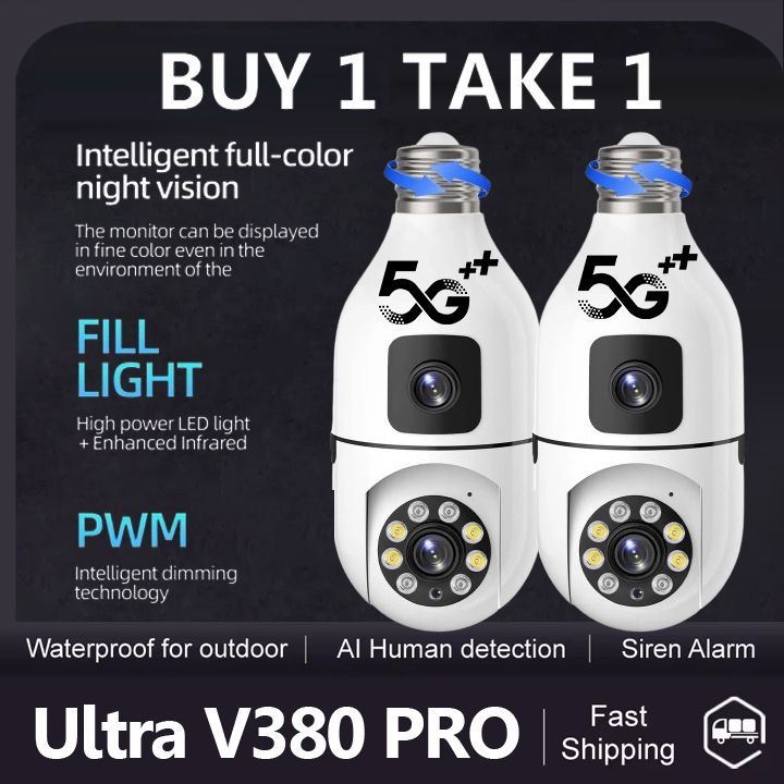 V380 Pro Dual Lens CCTV Bulb Camera Outdoor 5G Phone 360 Protective ...