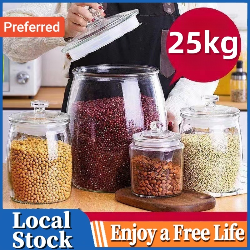 Rice Bucket dispenser 25kg/kilos Storage Airtight food big jar glass ...