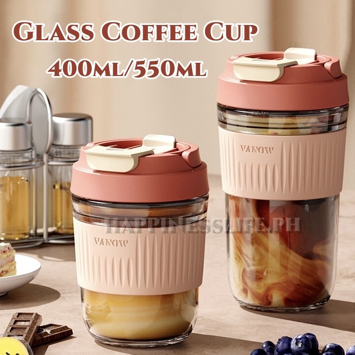 400ml/550ml Glass Travel Coffee Mug Reusable With Lid Straw Protective Sleeve For Coffee & Juice ...