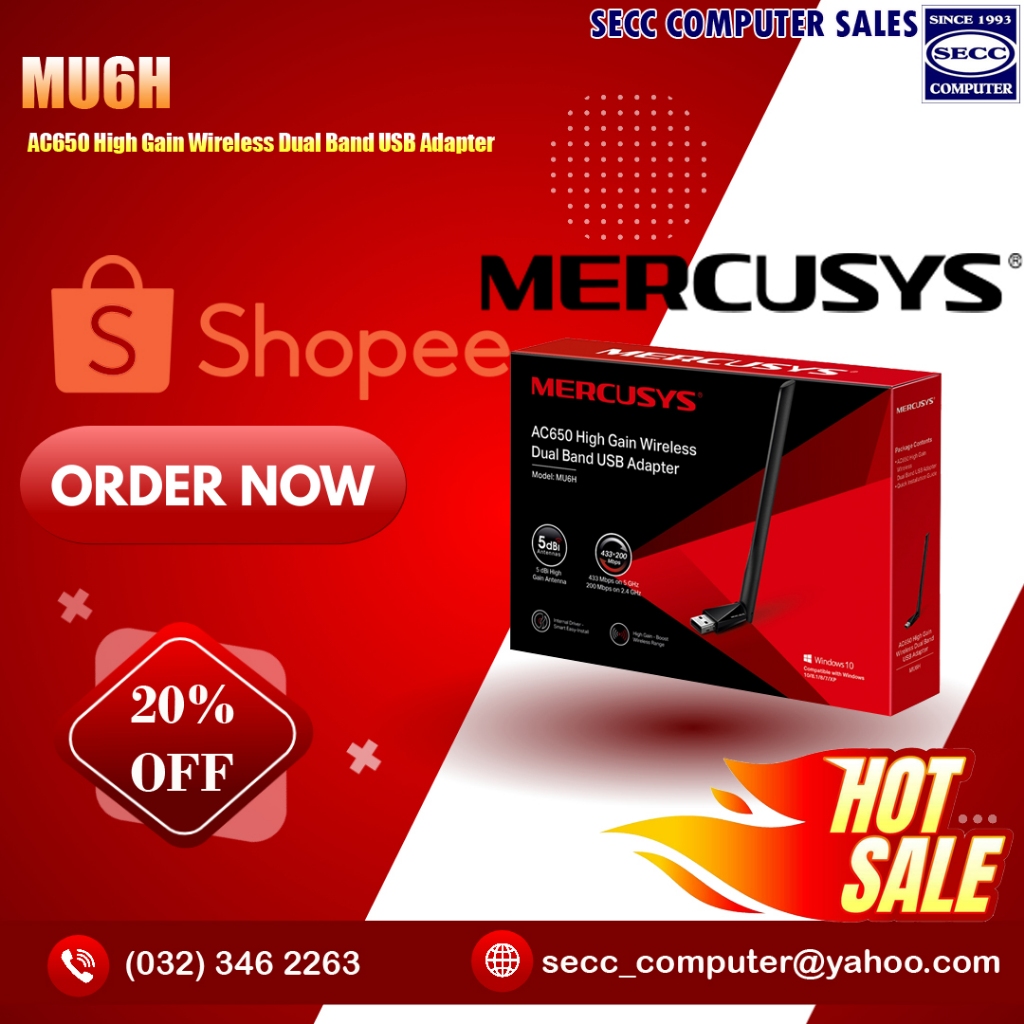 MERCUSYS MU6H AC650 High Gain Wireless Dual Band USB Adapter | Shopee ...
