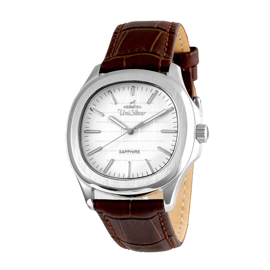 UniSilver TIME Men's Brown / White Sapphire Glass Leather Analog watch ...