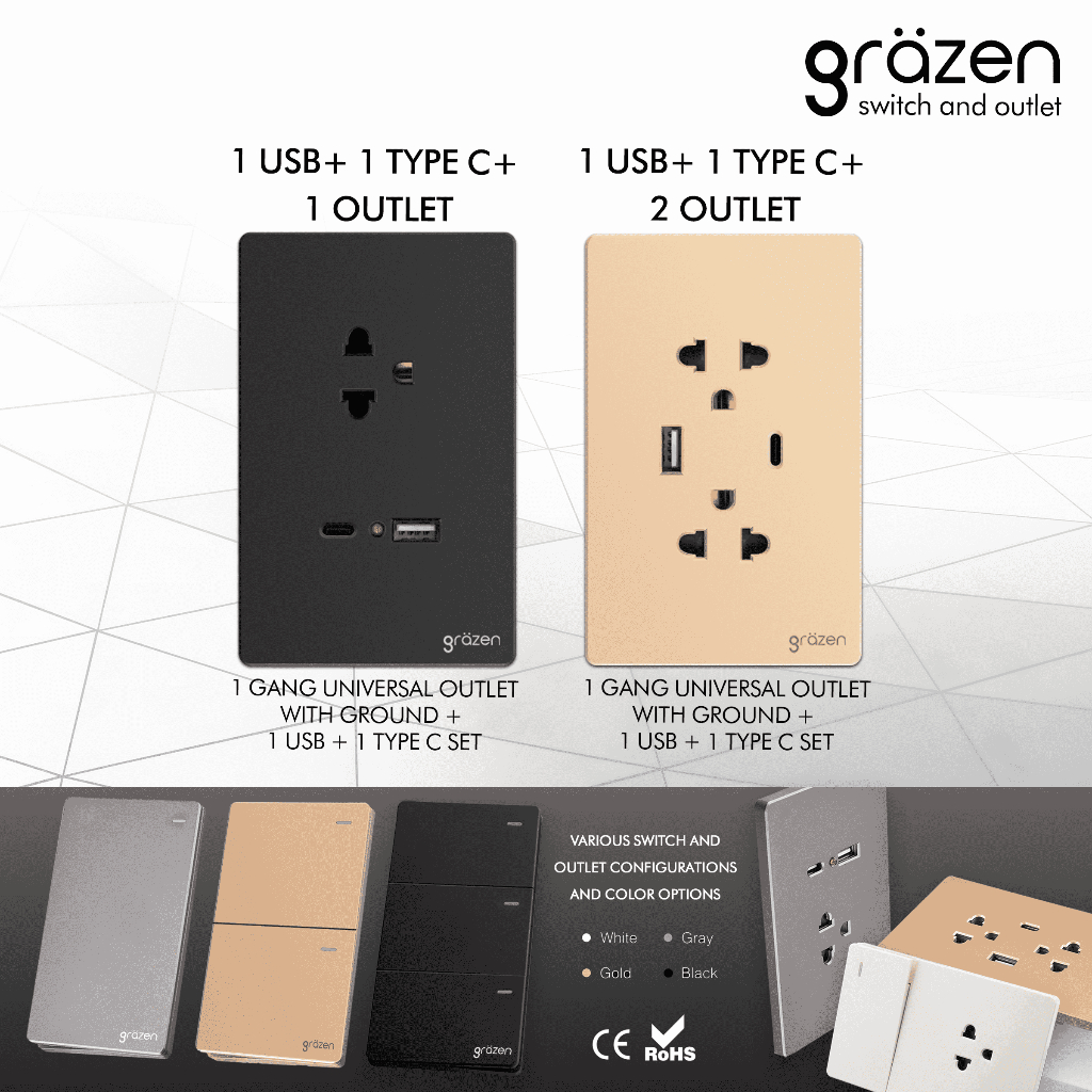 GRAZEN 1 Gang / 2 Gang Universal Outlet with Ground + 1 USB + 1 TYPE C ...