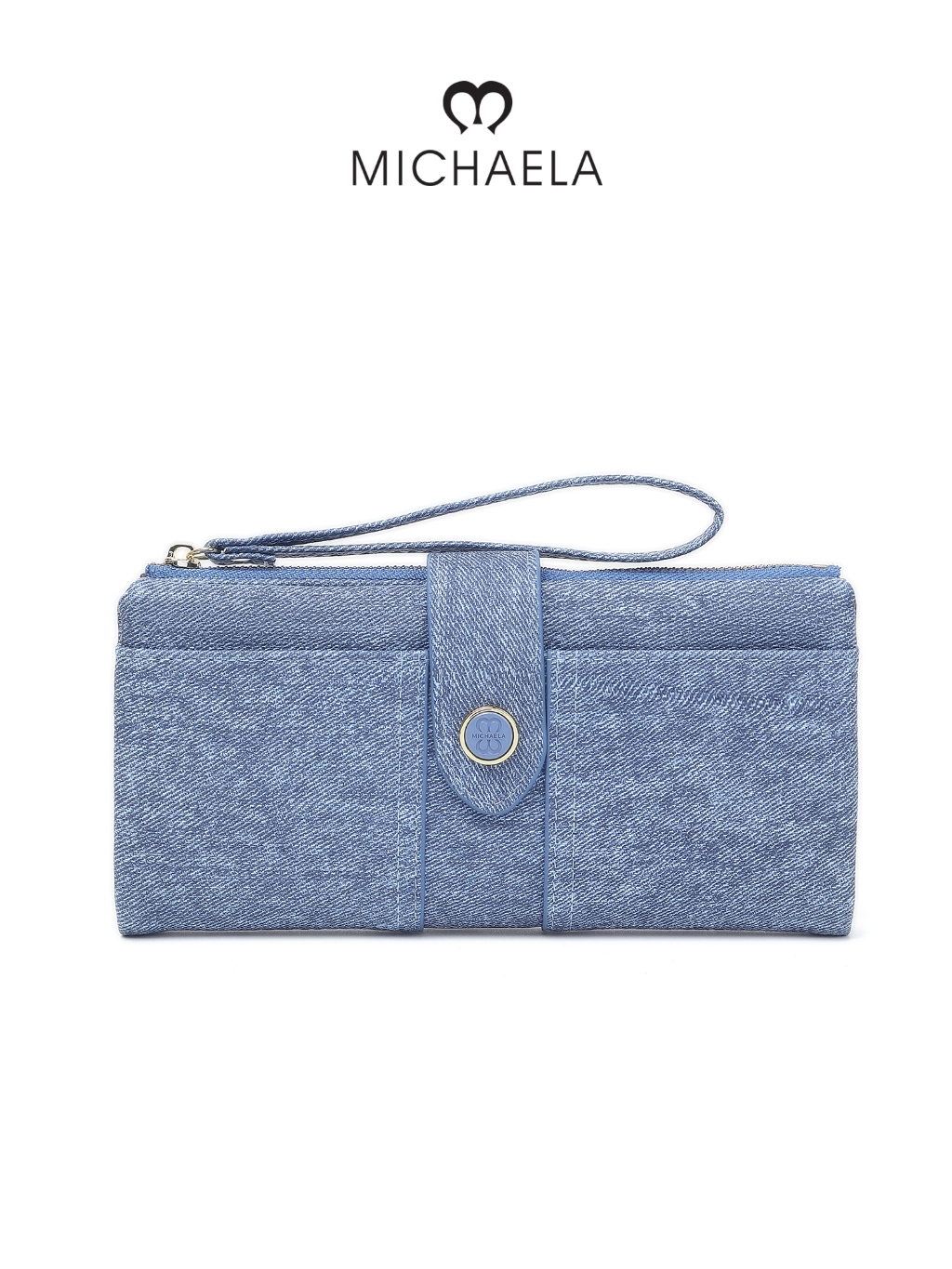 MICHAELA Denim Wristlet Long Wallet with Zip Phone Pocket 9 Card Slots ...