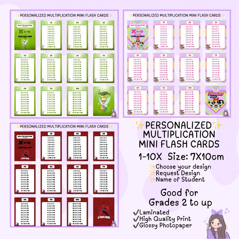 PERSONALIZED MULTIPLICATION MINI FLASH CARDS | TINKER BELL | POWERPUFF ...