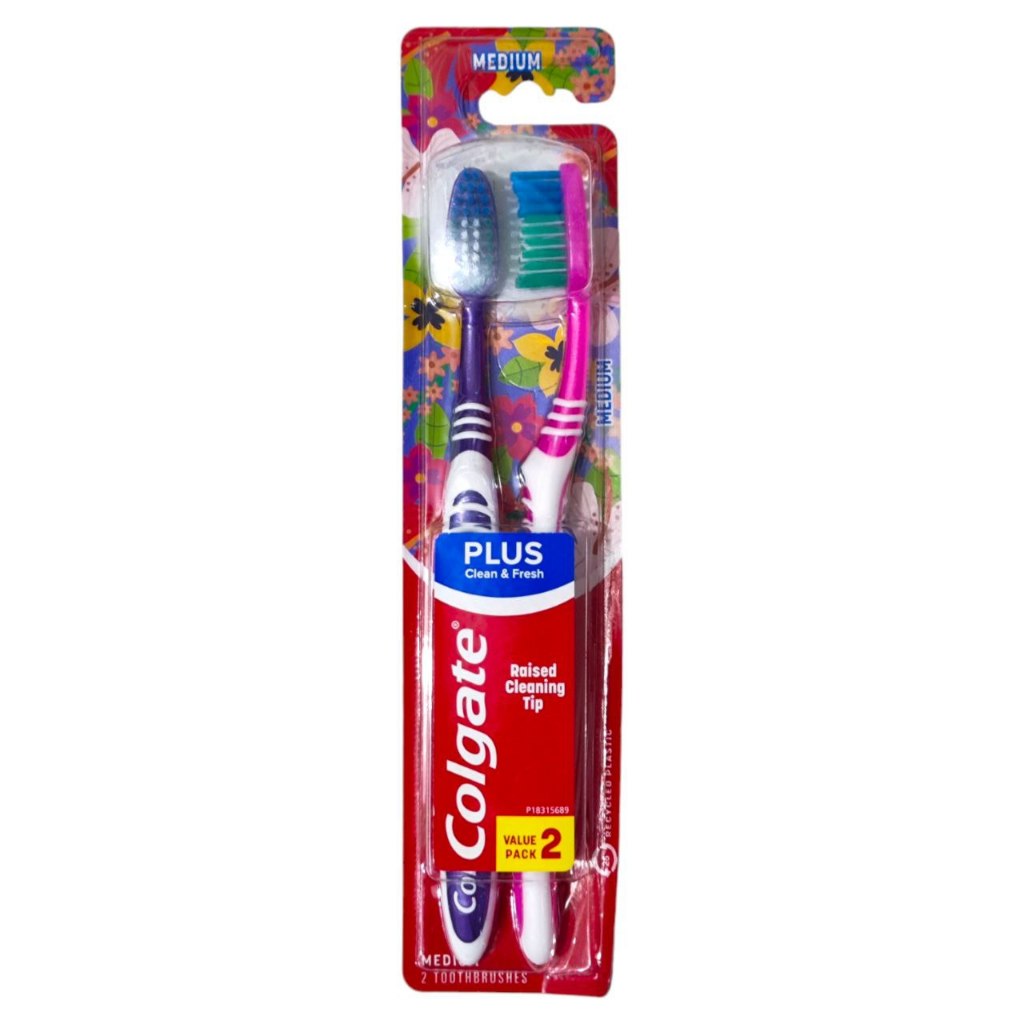 Colgate Plus Clean & Fresh, Raised Cleaning Tip, Medium Toothbrush 2 ...