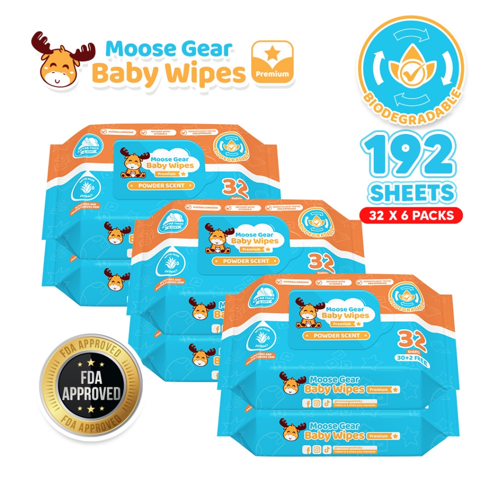 Moose Gear Baby Wipes Premium Powder Scent 192sheets 6PACKS w/ Vitamin ...