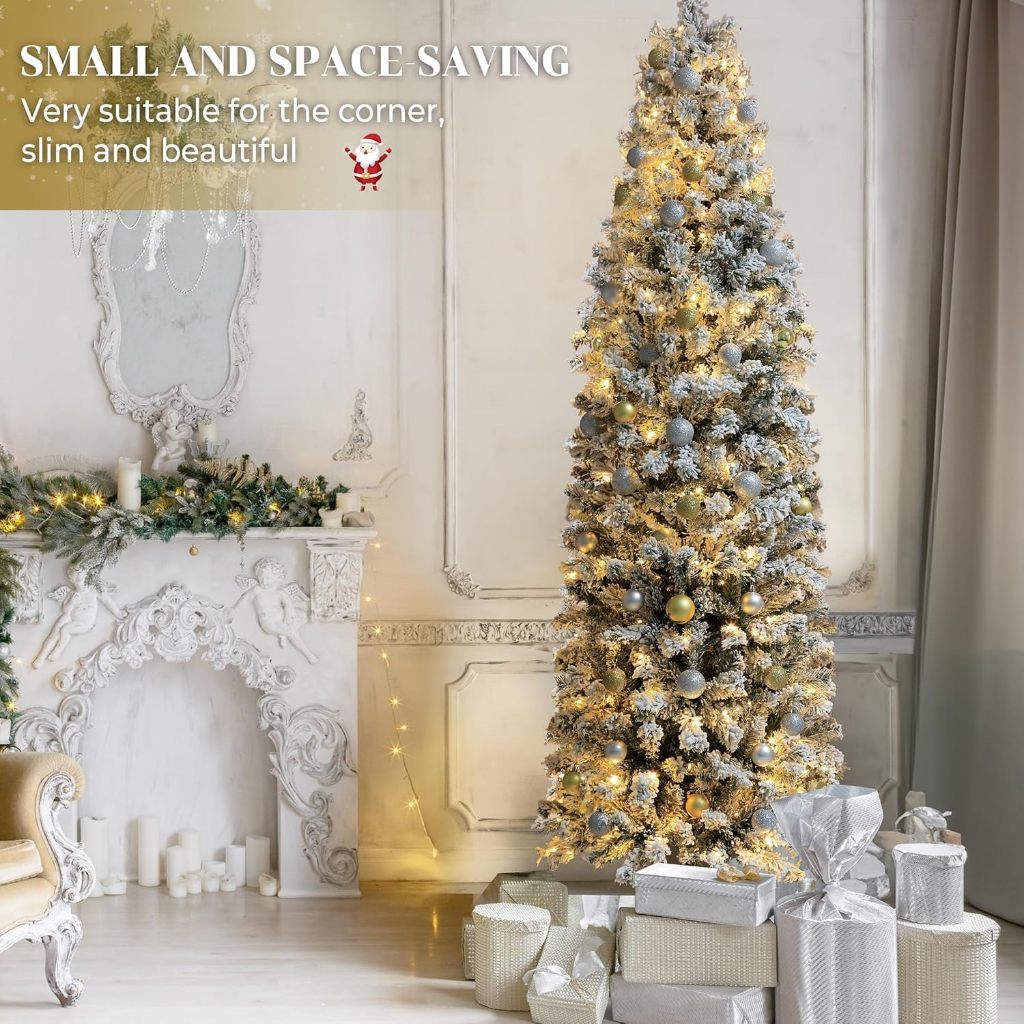 7.5ft Slim Snow Flocked Pencil Christmas Tree Fir Hinged Slim Skinny ...