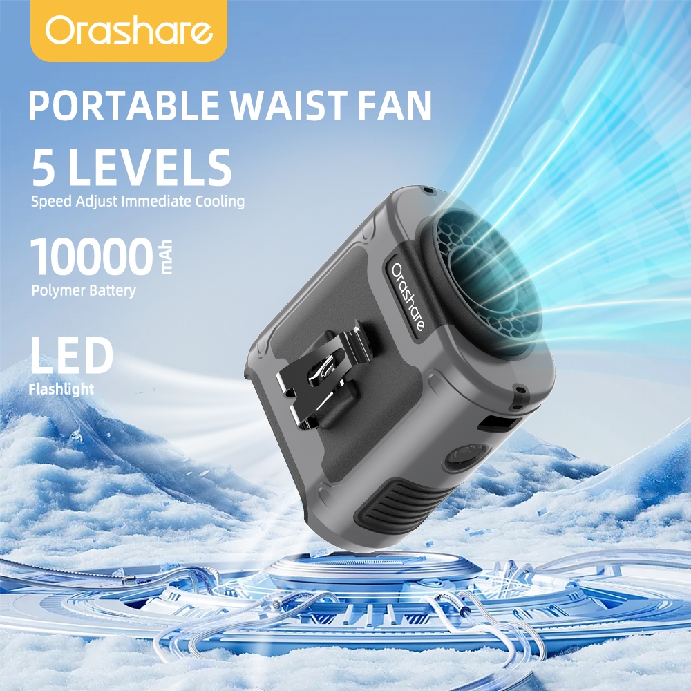 Orashare K50 10000mAh Portable Waist Cooling Fan 3 in 1 Outdoor Fan With Light 5 Speed Wind Clip ...